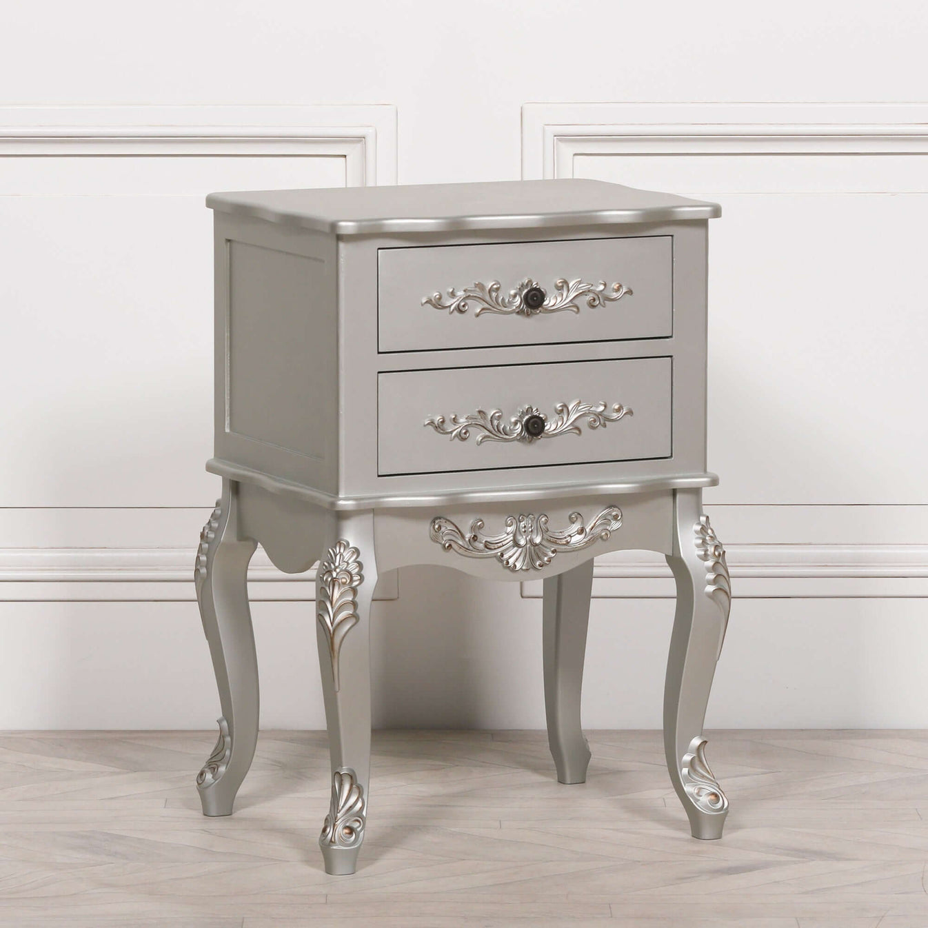 French Antique Silver Bedside Table 2 Drawer