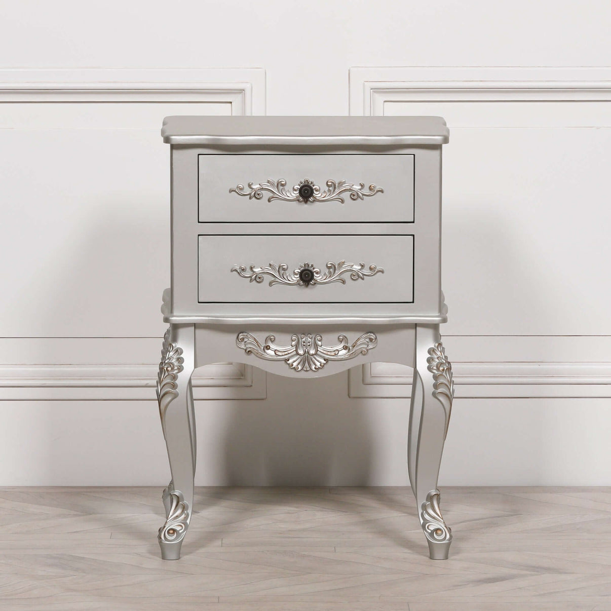 French Antique Silver Bedside Table 2 Drawer