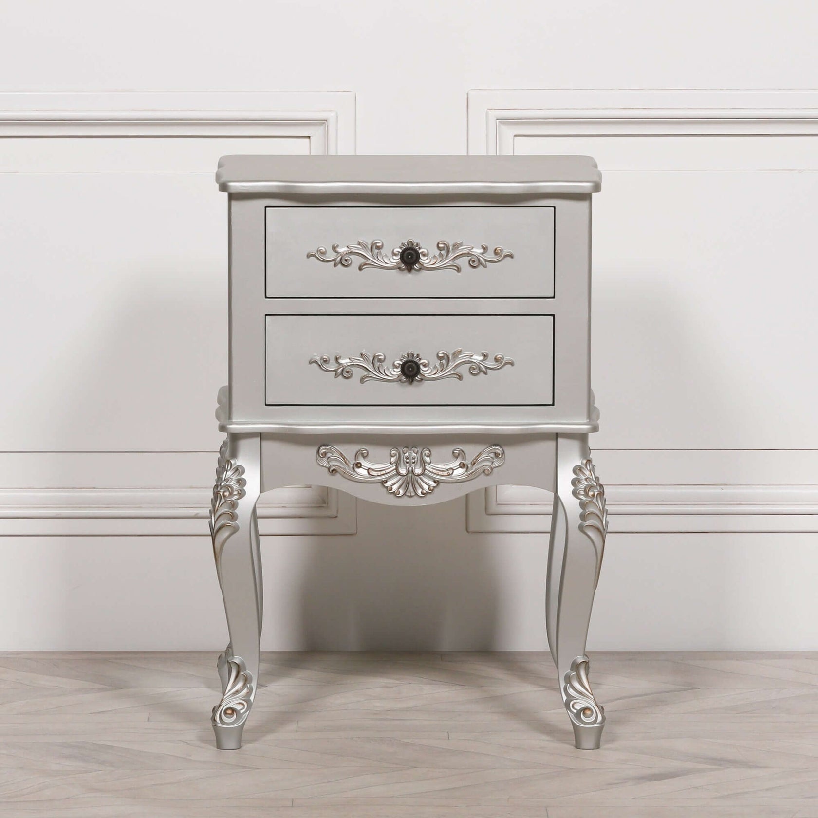 French Antique Silver Bedside Table 2 Drawer