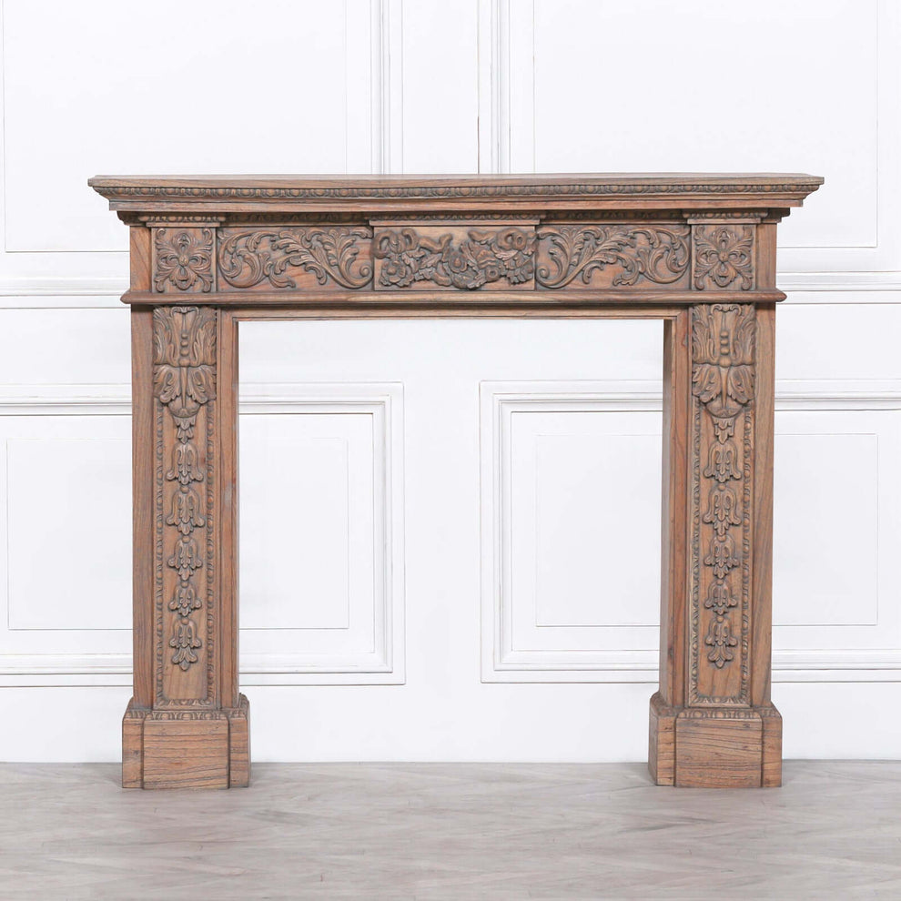 Wooden Carved Fire Surround Traditional Rustic Style