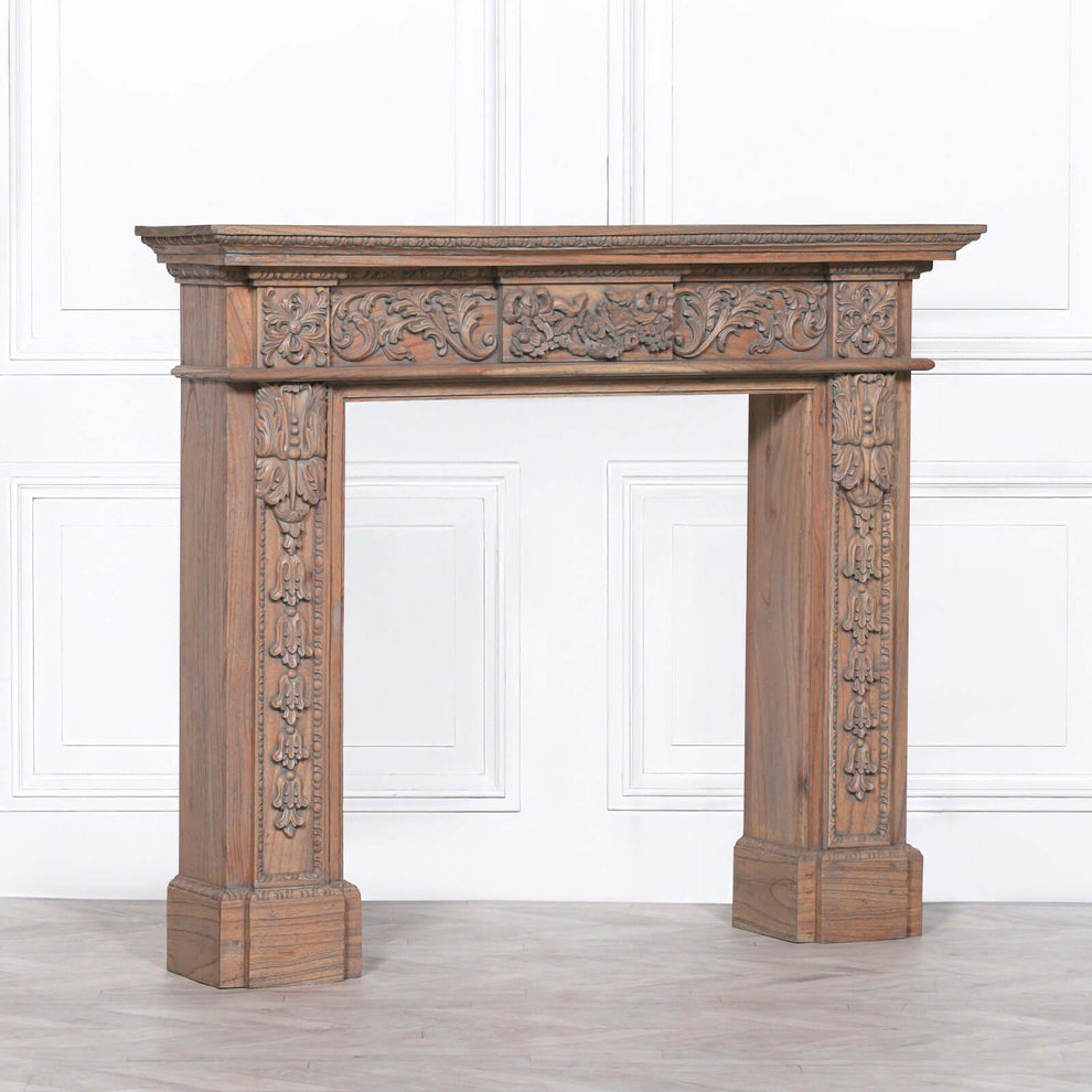 Wooden Carved Fire Surround Traditional Rustic Style